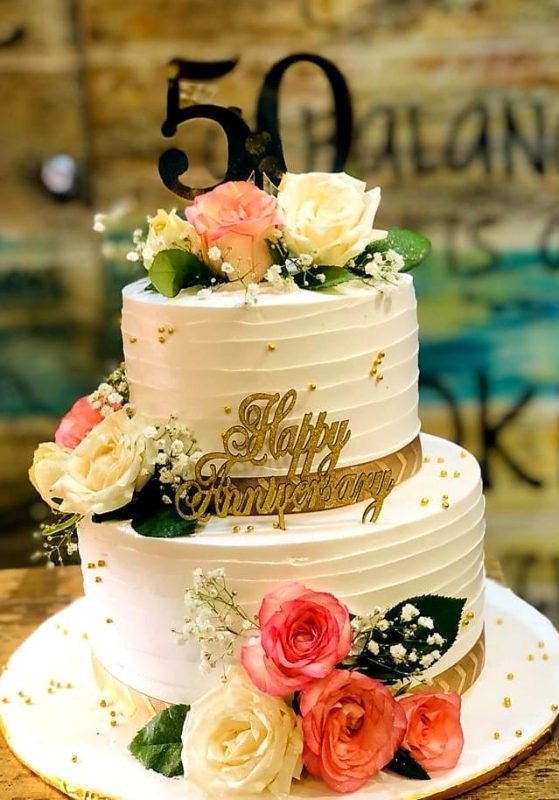 Two Tier Anniversary Theme Floral Designer Cake - Avon Bakers